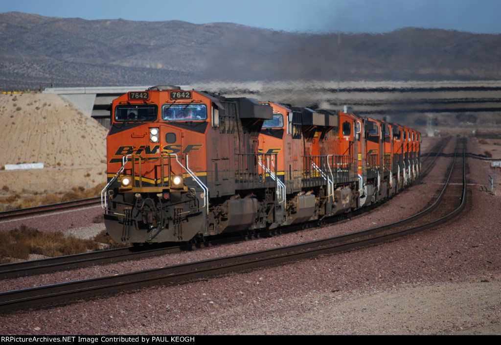 BNSF 7642 Leads a Consist of 11 Locomotives west towards LA.